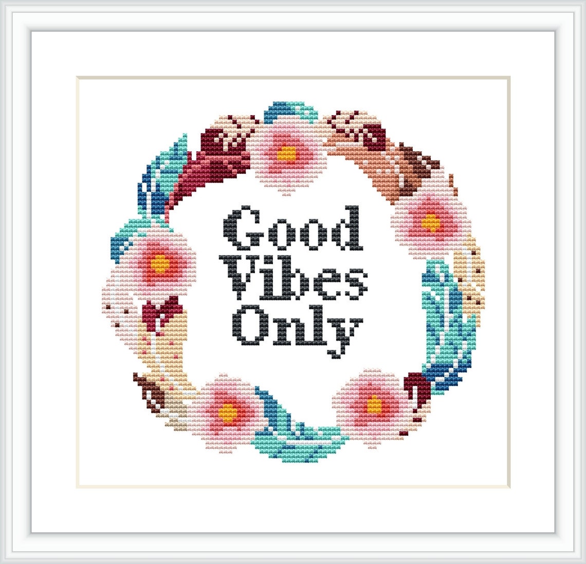Good Vibes Only Cross Stitch Pattern: Boho Floral Wreath (PDF) - Etsy
