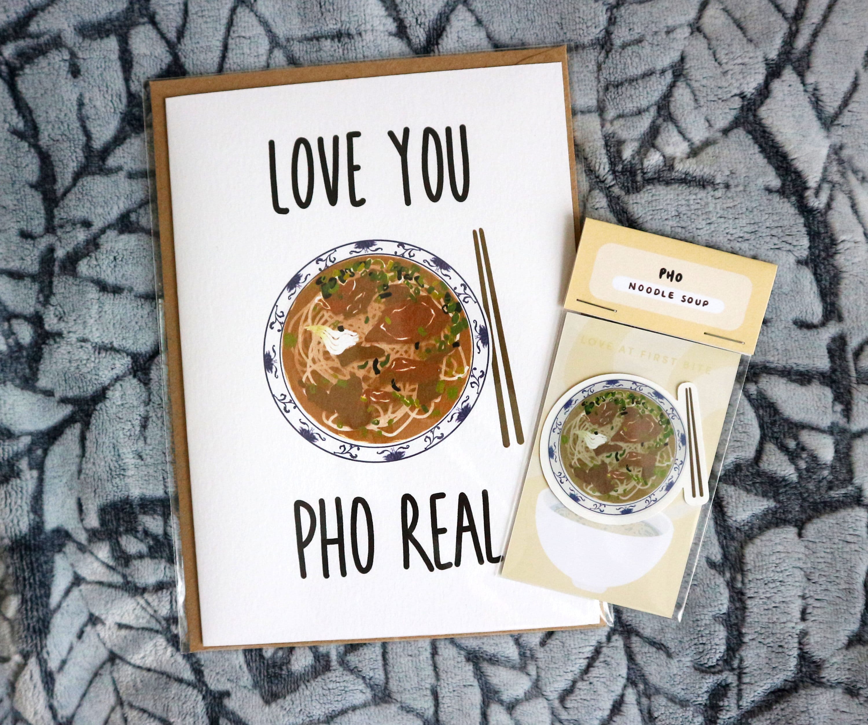 Love You Pho Real Greeting Card and Sticker Set Handmade - Etsy Canada
