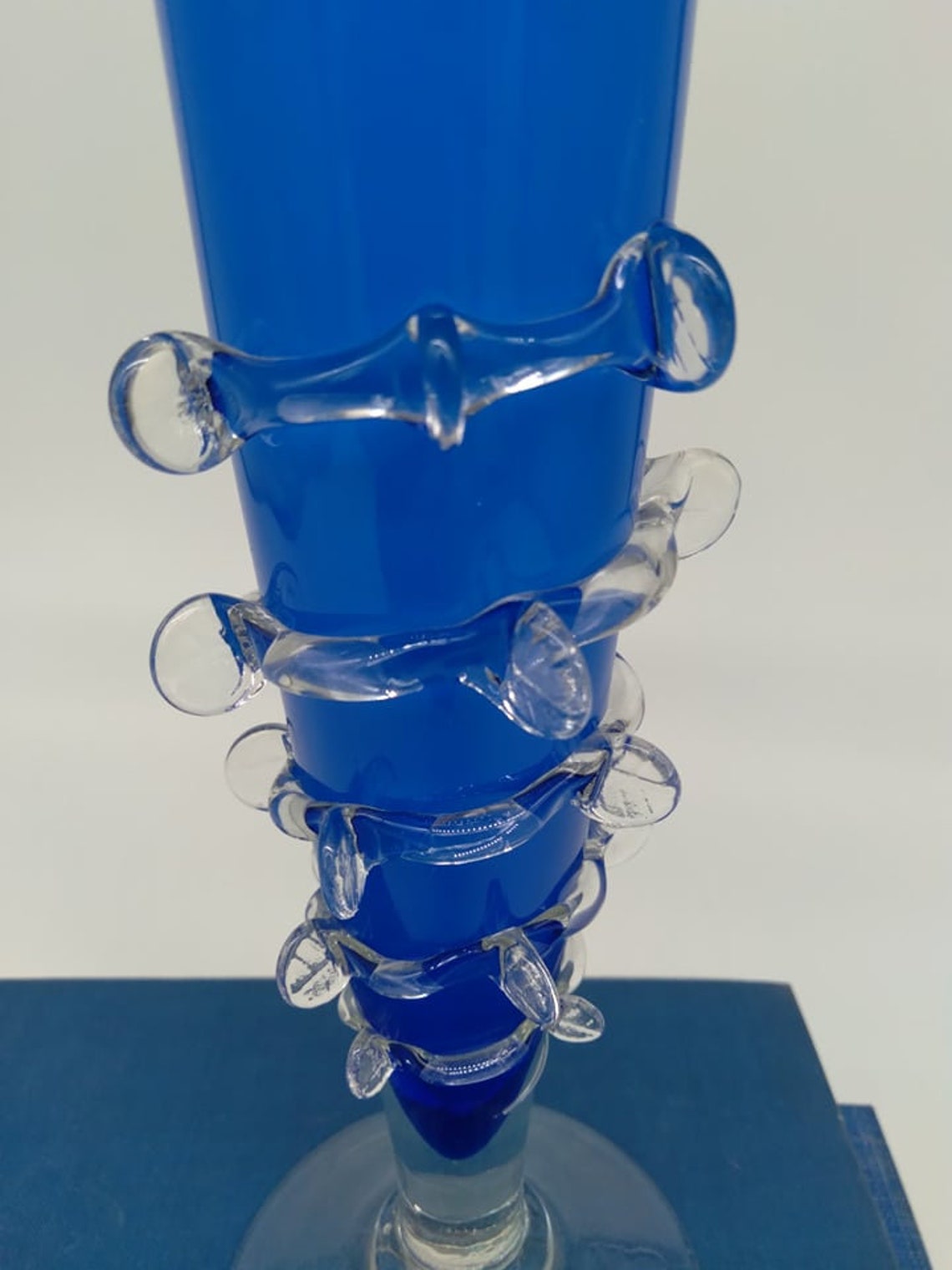 Hand Blown Blue Glass Vase Clear Pedestal Base Clear Leaves Etsy