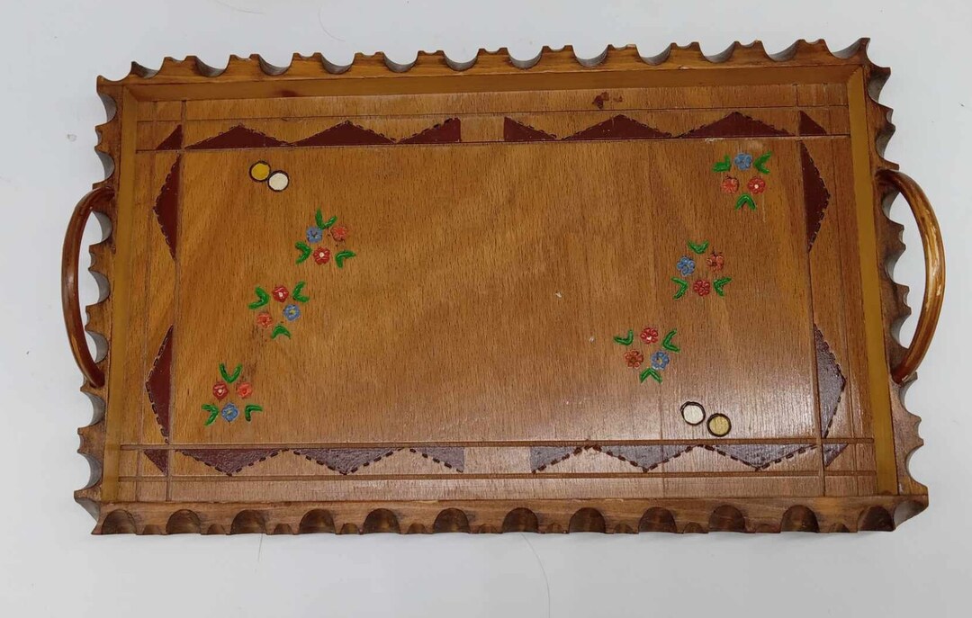 Hand Carved Wood Tray, Wooden, Serving, Decor, Flower, 2 Handles ...