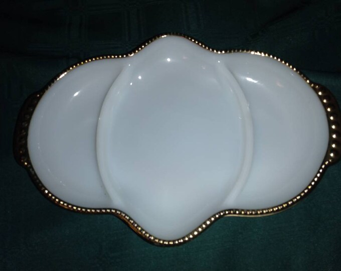 Vintage 1950s Fire King Divided Dish, Tray, Plate, Milk Glass, Gold ...