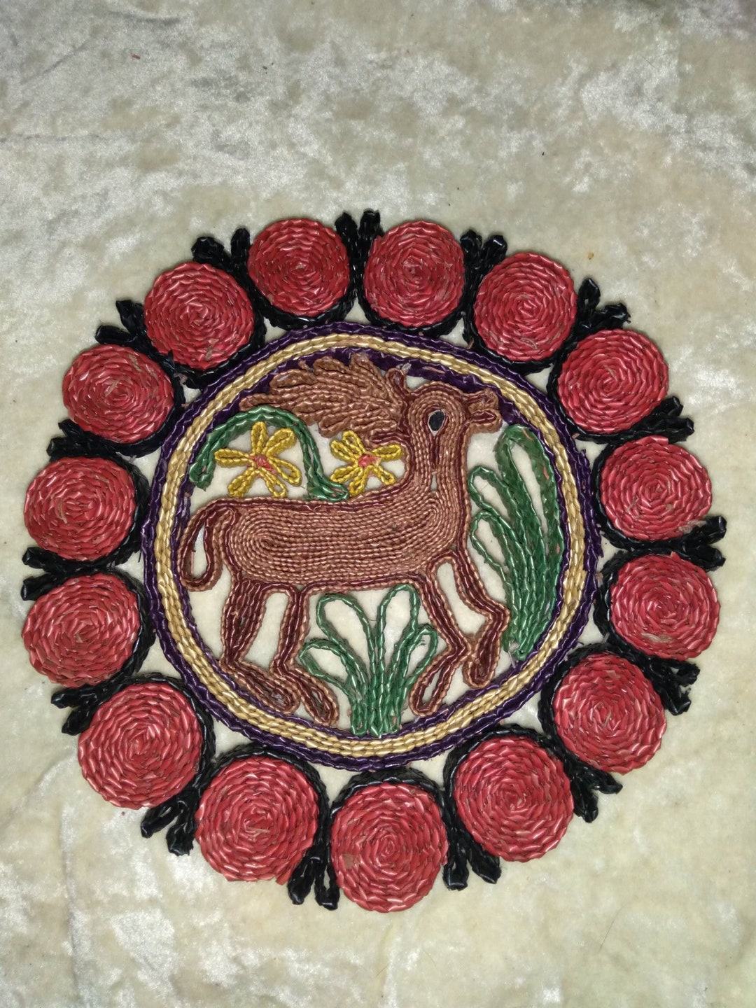 Woven Straw Deer Trivet, Flowers, Red, Purple, Brown, Yellow, Green ...