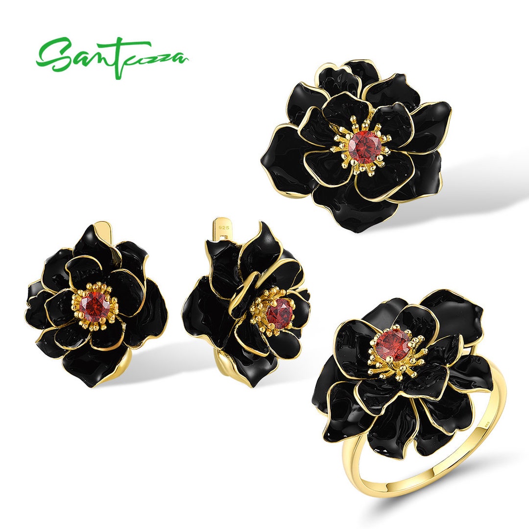 SANTUZZA Handmade Black Peony Flower 925 Sterling Silver Yellow Plating ...