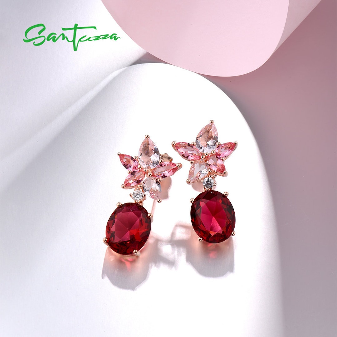 SANTUZZA Handmade Pink & Red Pierce Dangling Earring 925 Sterling ...