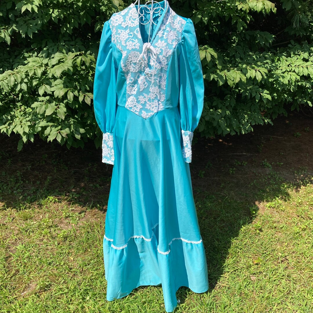 Vintage 70s Prairie Dress 1970s | S-M | Pastel Teal Maxi Balloon Bishop ...