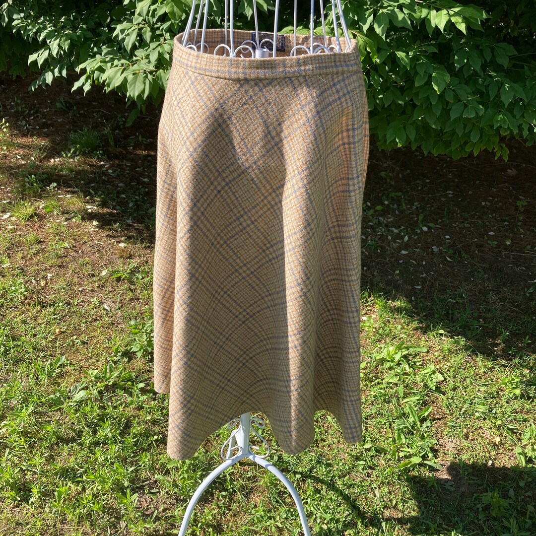Vintage 50s 60s Pendleton Wool Plaid Skirt XS S Tartan Made in USA Beige Blue Brown Hand ...