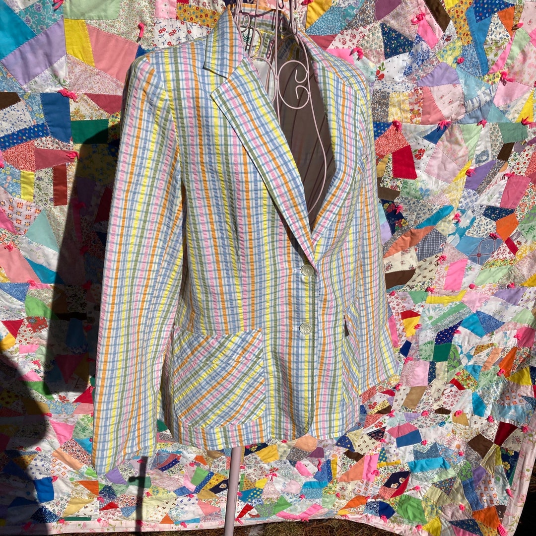 Vintage 70s Blazer |S-M| 1970s Pastel Plaid Pink White Orange Blue ...