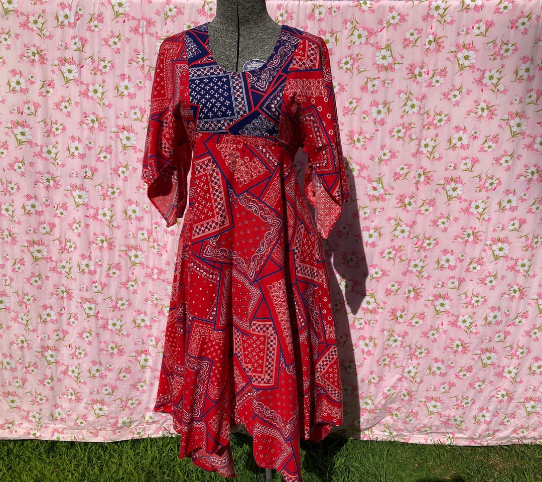 Vintage 70s Dress Bandana Hankerchief Red Blue White XS-S 1970s - Etsy