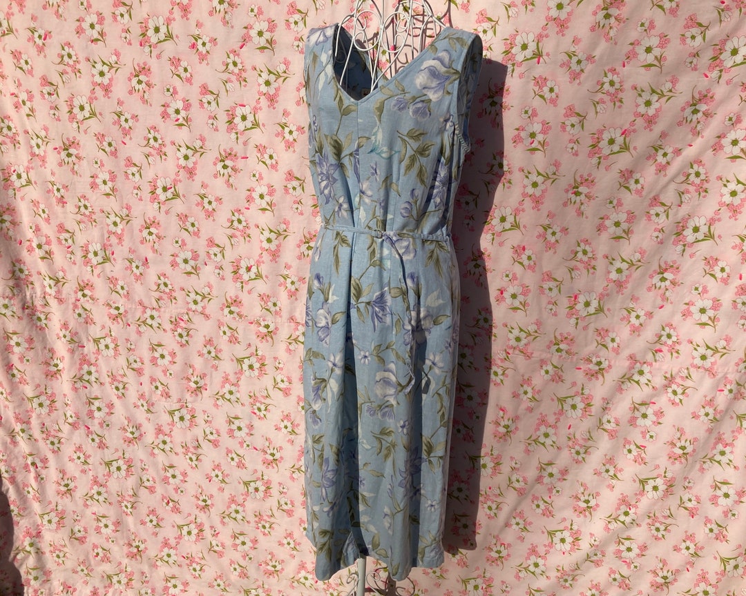 Vintage 90s Dress Floral Cottage Core Linen Blend Pastel Blue | S-M ...