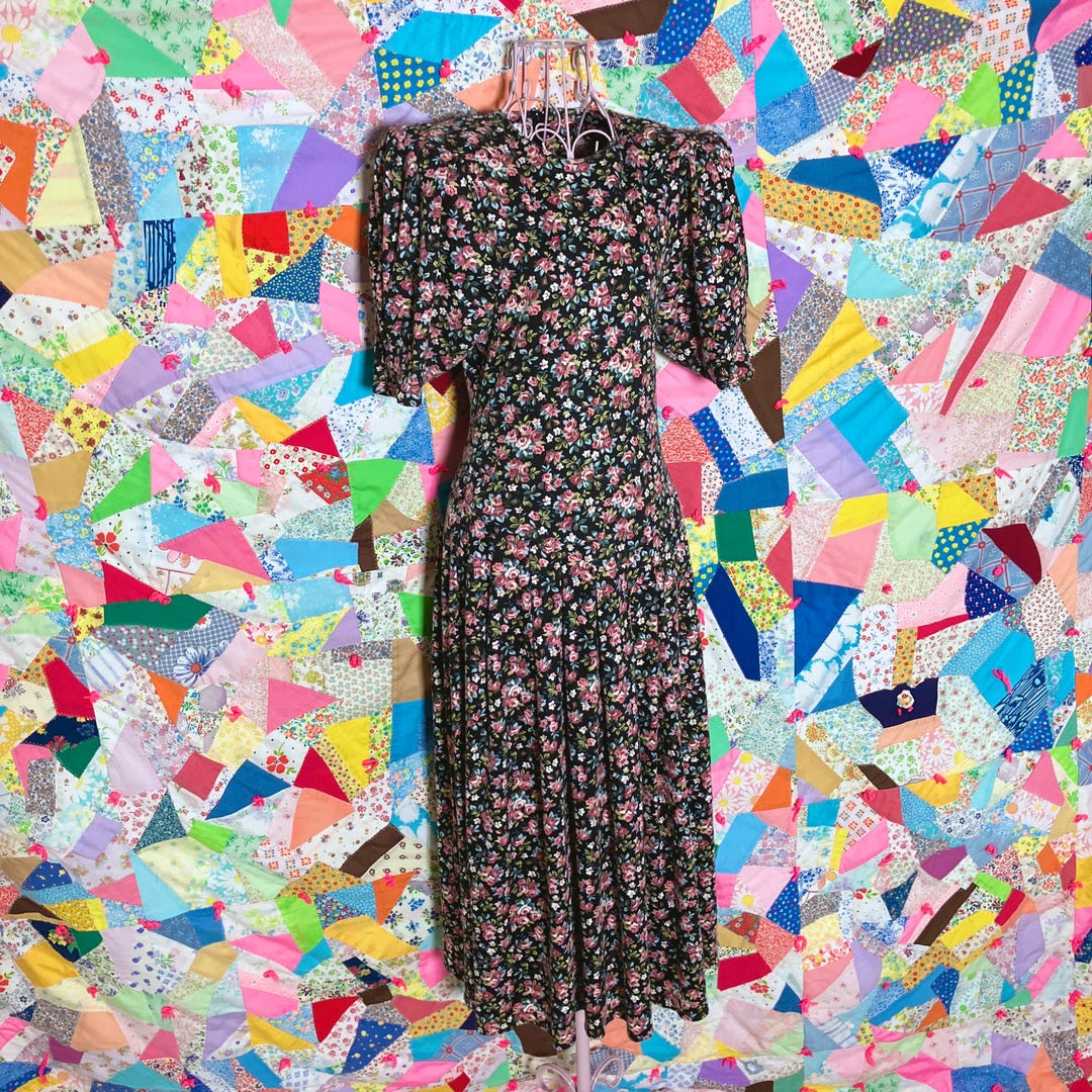 Vintage 80s Dress Dark Floral Rose 1980s | Cottage Core | Black Pink ...