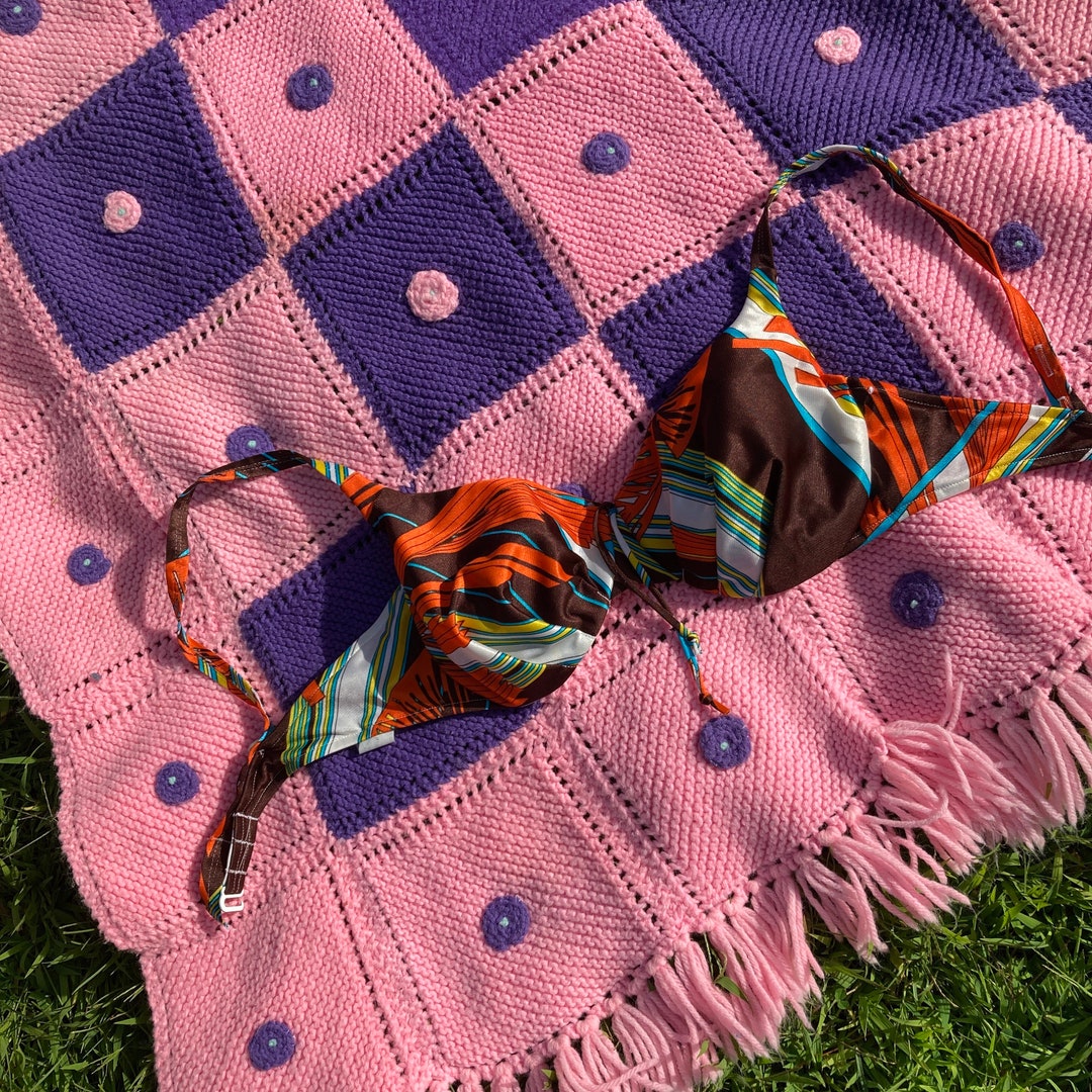 Vintage Bikini Top 70s Bathing Suit M-L 38C Blue Brown Orange Abstract ...
