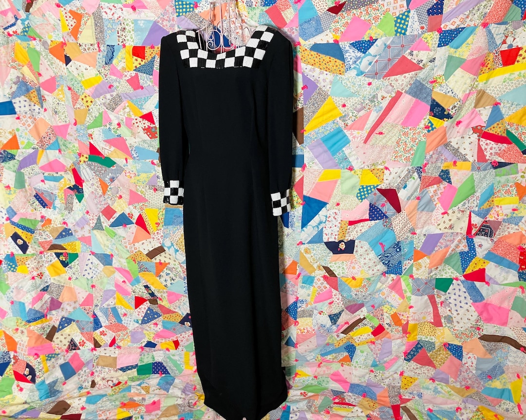 Vintage 90s Does 70s Maxi Dress 1990s Maxi Black White Sequins Checker ...
