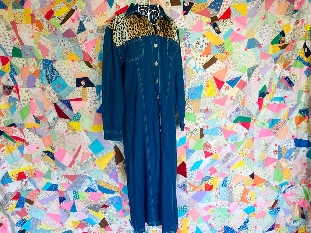 Vintage Denim Dress Cheetah Print Cotton Western Farmcore Jean | S-M ...
