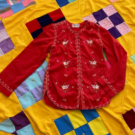 Vintage red floral embroidered blouse shirt // S-M //… - Gem