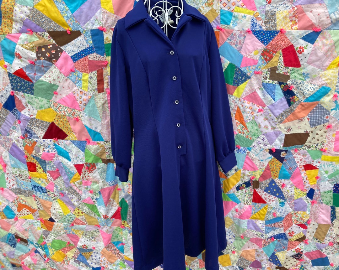 70s Retro Dress Navy Blue Collared Dress |M-L| 1970s Polyester Collar ...