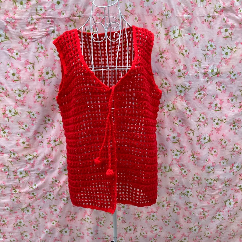 Vintage 70s Crochet Long Vest Red Open Knit Hand Made Sweater - Etsy