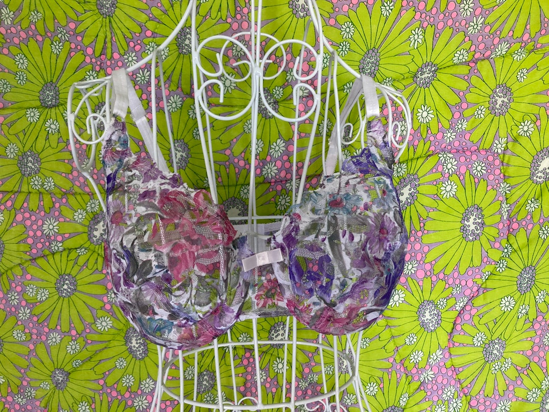 Vintage Vtg 38 C 80s 90s Vintage White Purple Floral Lace Bra Underwire ...