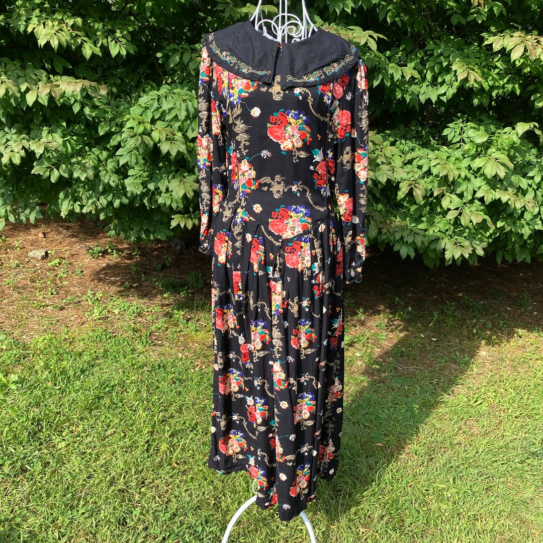 Vintage Dress Dark Floral 90s Cottage Core Black Yellow Pink Daisy Rose ...