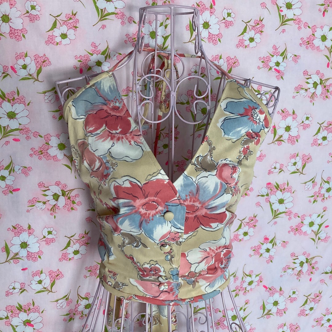 Vintage Pink 70s Crop Top Halter Top Dusty Rose Tan Floral Print | S-M ...