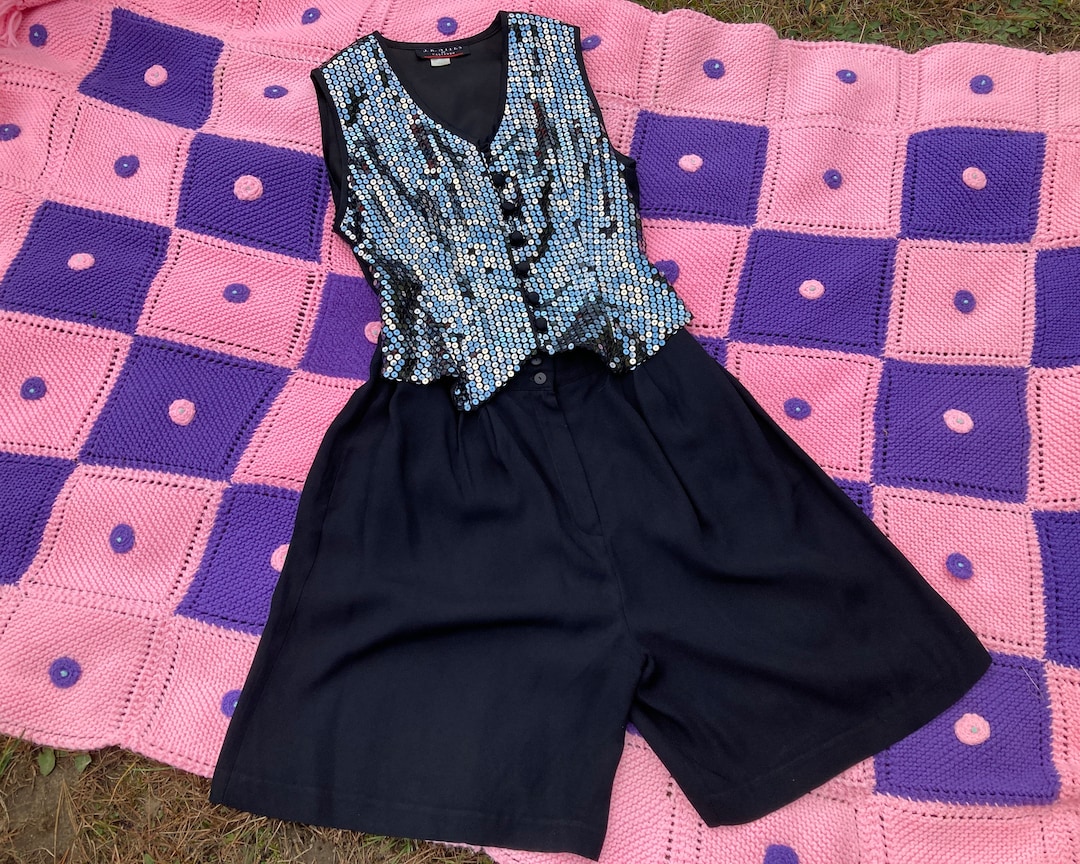 Vintage Romper 80s 90s Black Sequins Silver | M-L | Party Festive 1980s ...