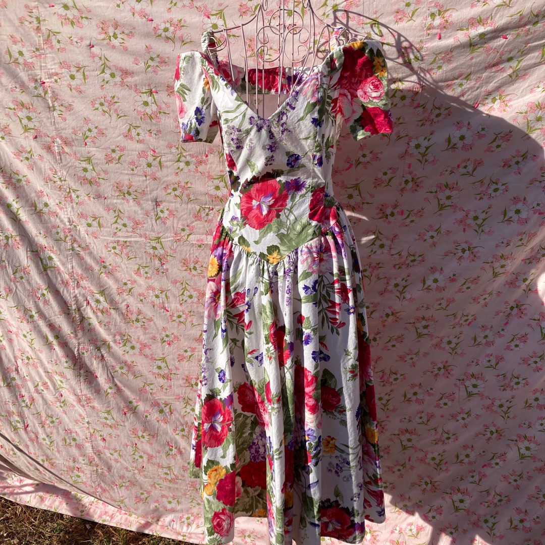 Vintage 80s Dress Floral Rose 1980s | Cottage Core | Pink White Green ...