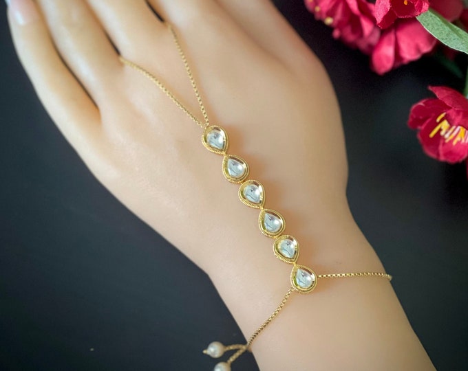 Single Bracelet/ Haathphool / Gold Finished Kundan Ring Bracelet / Hand ...