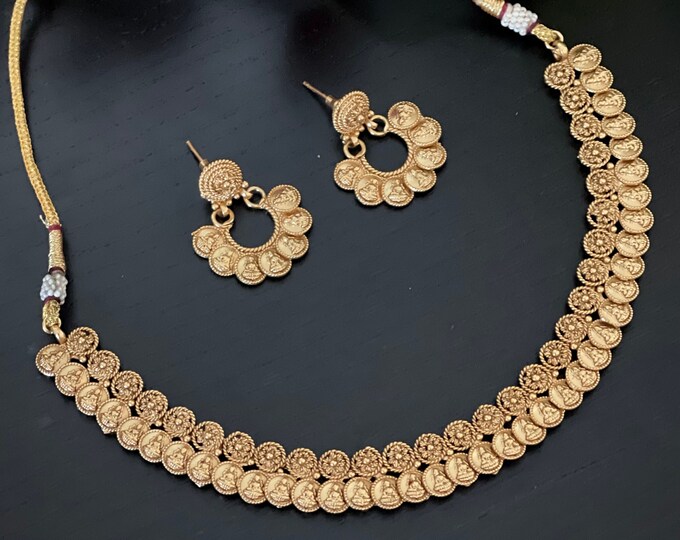 Simple Cute Gold Finished Lakshmi Coin Necklace Set With Matching ...