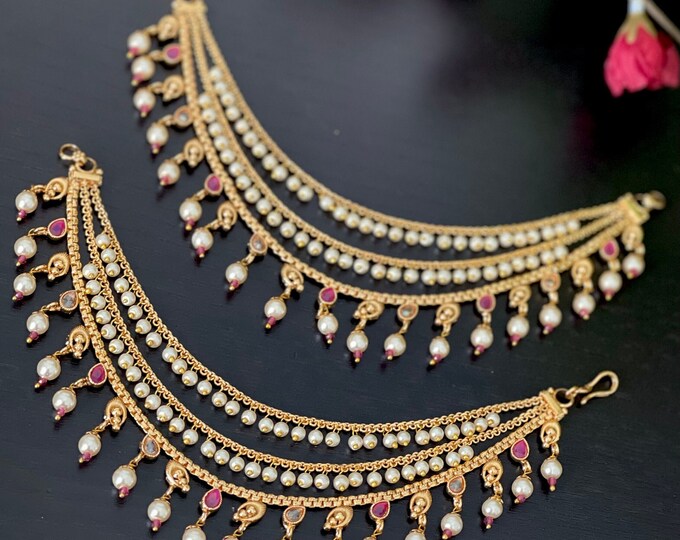 Pair of Antique Gold Plated Three Layered Polki Ear Chain /traditional ...