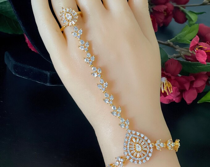 Single Gold Finished AD/CZ Bracelet/ Haathphool / Gold Finished Ring ...