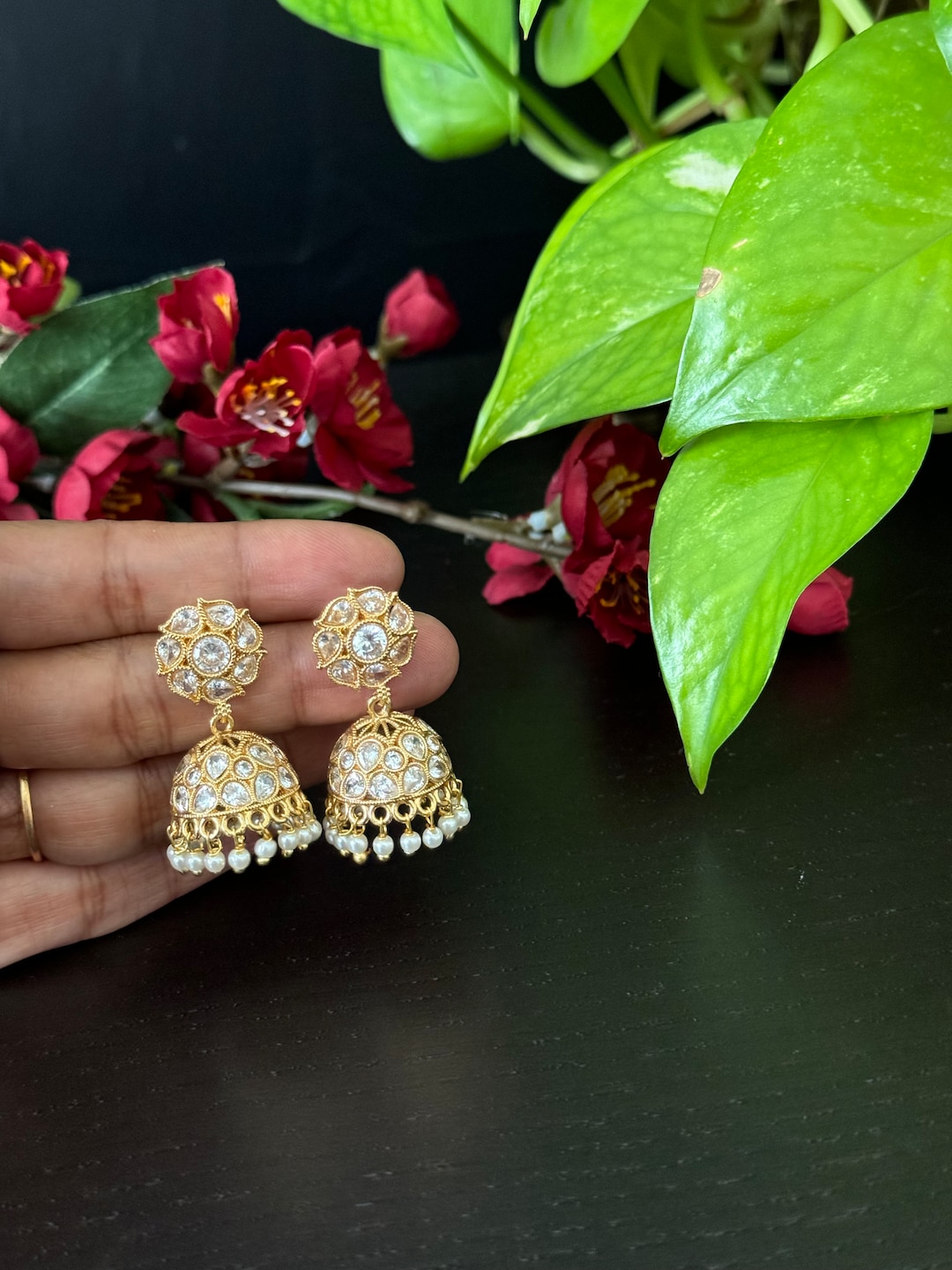 Gold Finished Polki Jhumkas /indian Jewelry/women Jhumki Earrings ...