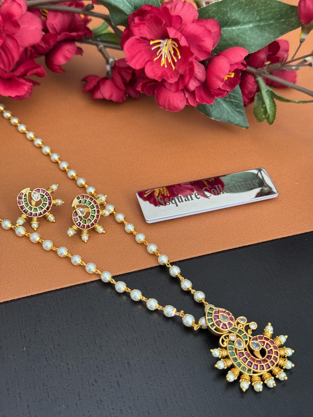 Simple Antique Gold Finished Kemp AD Pearl Pendant Necklace Set /bridal ...