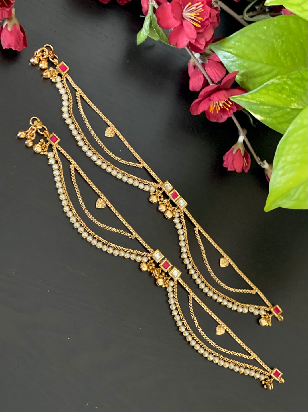 A Pair of Antique Gold Finished Womens Anklets / Payal / Bridal Payal/ Golusu / A Pair of ...