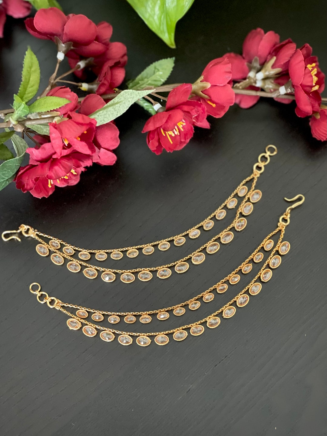 A Pair of Gold Plated Two Layered Polki Ear Chain /traditional Earrings ...