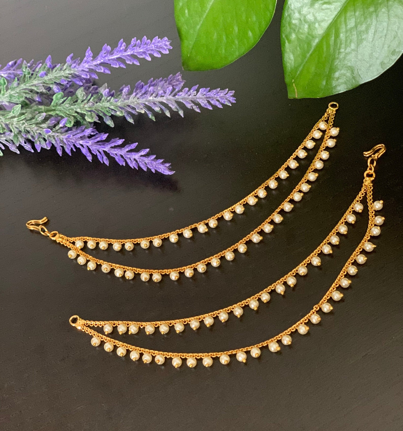 Gold Finished Two Layered Pearl Ear Chain /traditional - Etsy