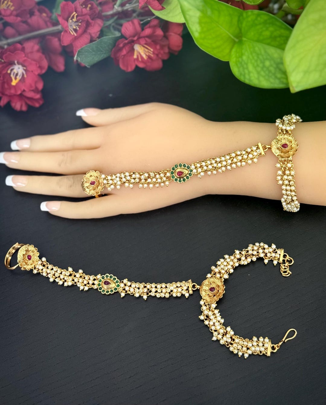 A Pair of Antique Gold Hathphool / Haathphool / Pearl Bracelet Ring Combo / Gold Ring Bracelet ...