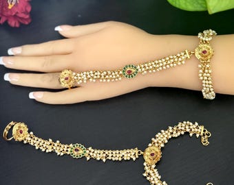 Single Bracelet/ Haathphool / Gold Finished Kundan Ring Bracelet / Hand ...