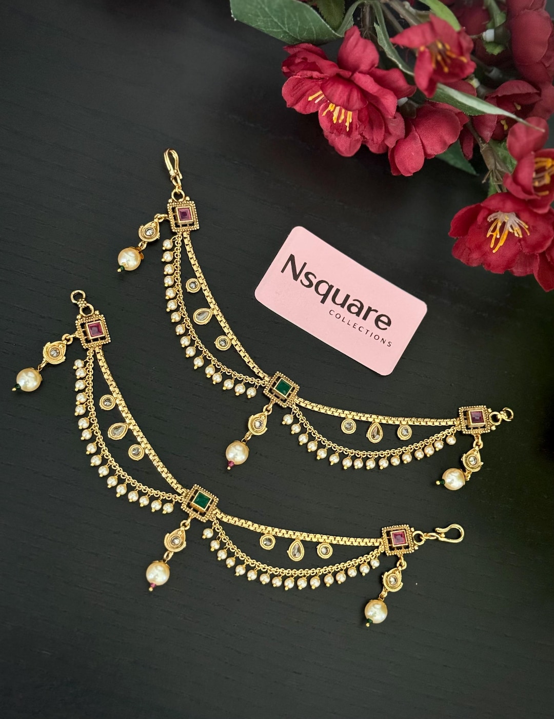 A Pair of Gold Plated Layered Polki Ear Chain /traditional Earrings ...