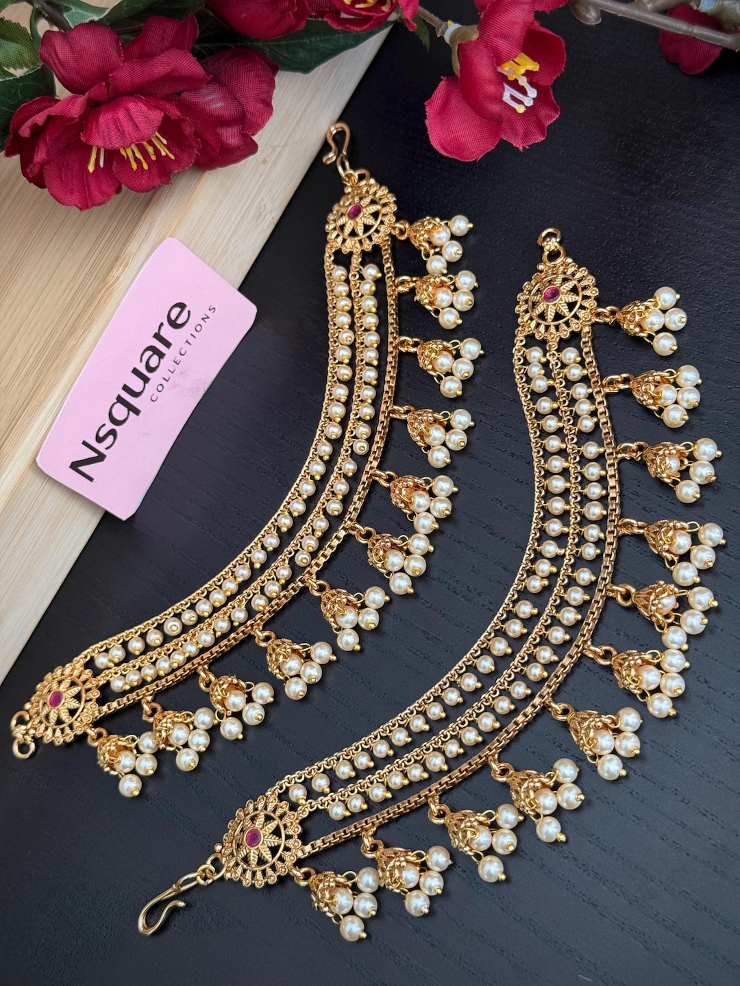 A Pair of Gold Finished Layered Jhumkas Ear Chain /traditional Jhumkas ...