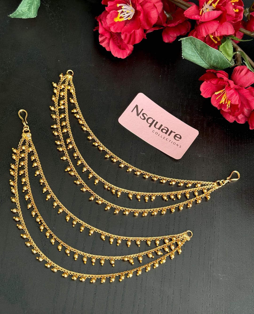 Restock-gold Finished Three Layered Ear Chain /traditional Earrings ...