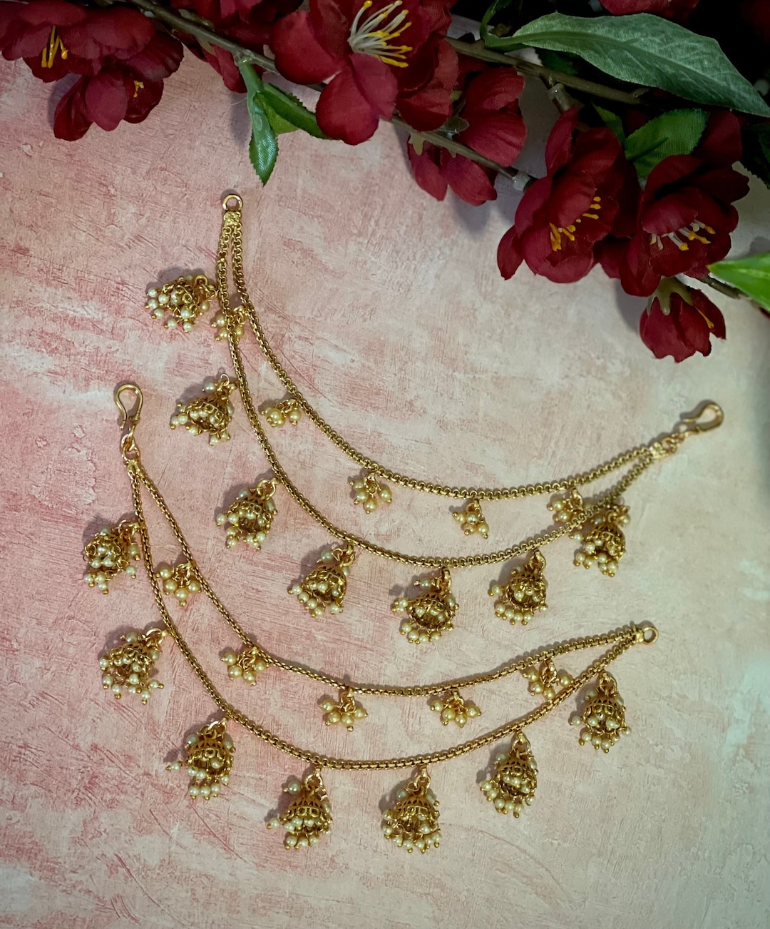 A Pair of Gold Plated Two Layered Jhumka Ear Chain /traditional ...