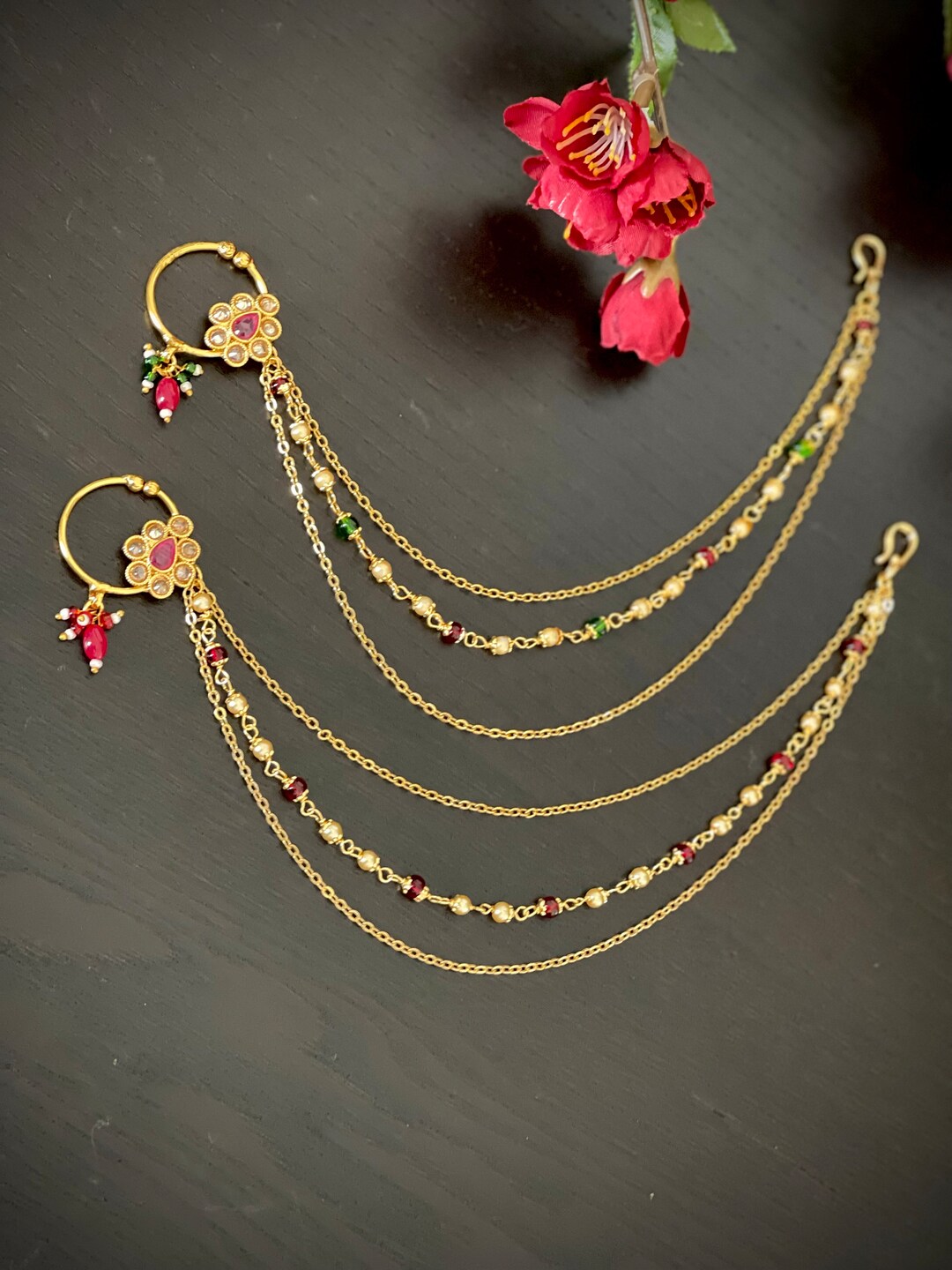 Left Side Nose Ring With Pearl Chain / Bridal Jewelry/ Nath / Nathni ...