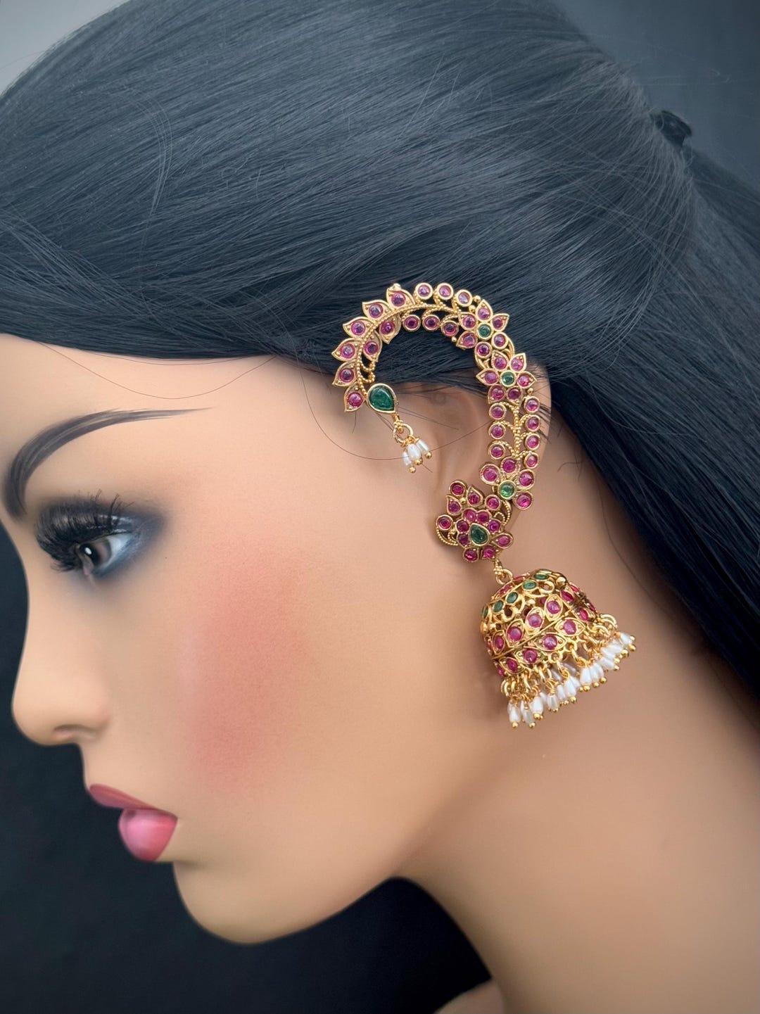 Antique Kemp Jhumkas With Attached Ear Cuffs / Nagas Jhumkas / Bridal ...