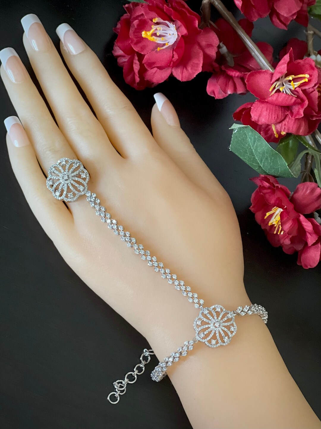 Single AD Silver Finished Bracelet/ Haathphool / White Rhodium - Etsy