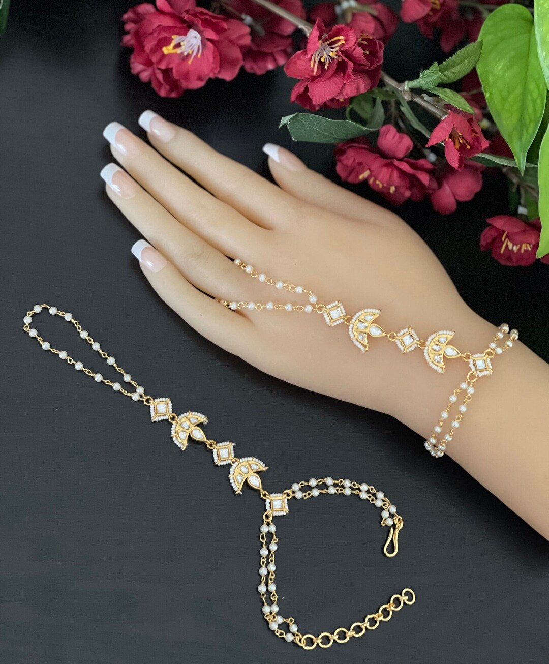 A Pair of Gold Finished Kundan Pearl Bracelet/ Haathphool / Gold Finished Ring Bracelet / Hand ...