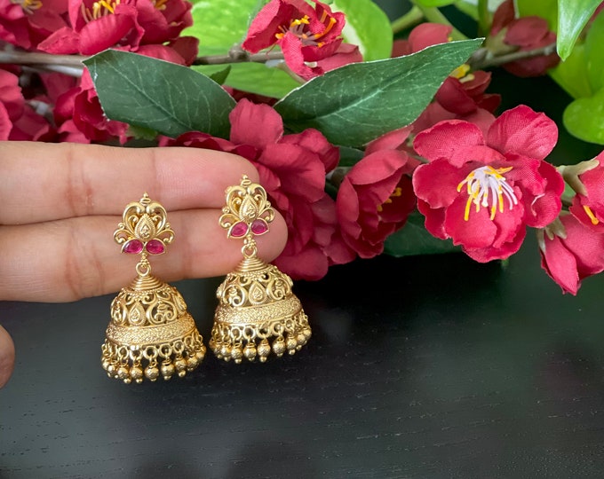Antique Gold Jhumka /earrings Temple Jewelry / Dangle Drop Antique Gold ...