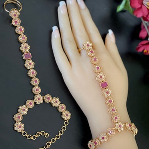 A Pair of Ruby Polki Bracelet/a Pair of Haathphool /finger Bracelet/ring Bracelet/hand Harness ...