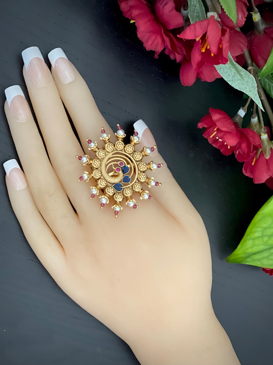Antique Gold Peacock Adjustable Finger Ring / Party Wear Rings / Flower ...