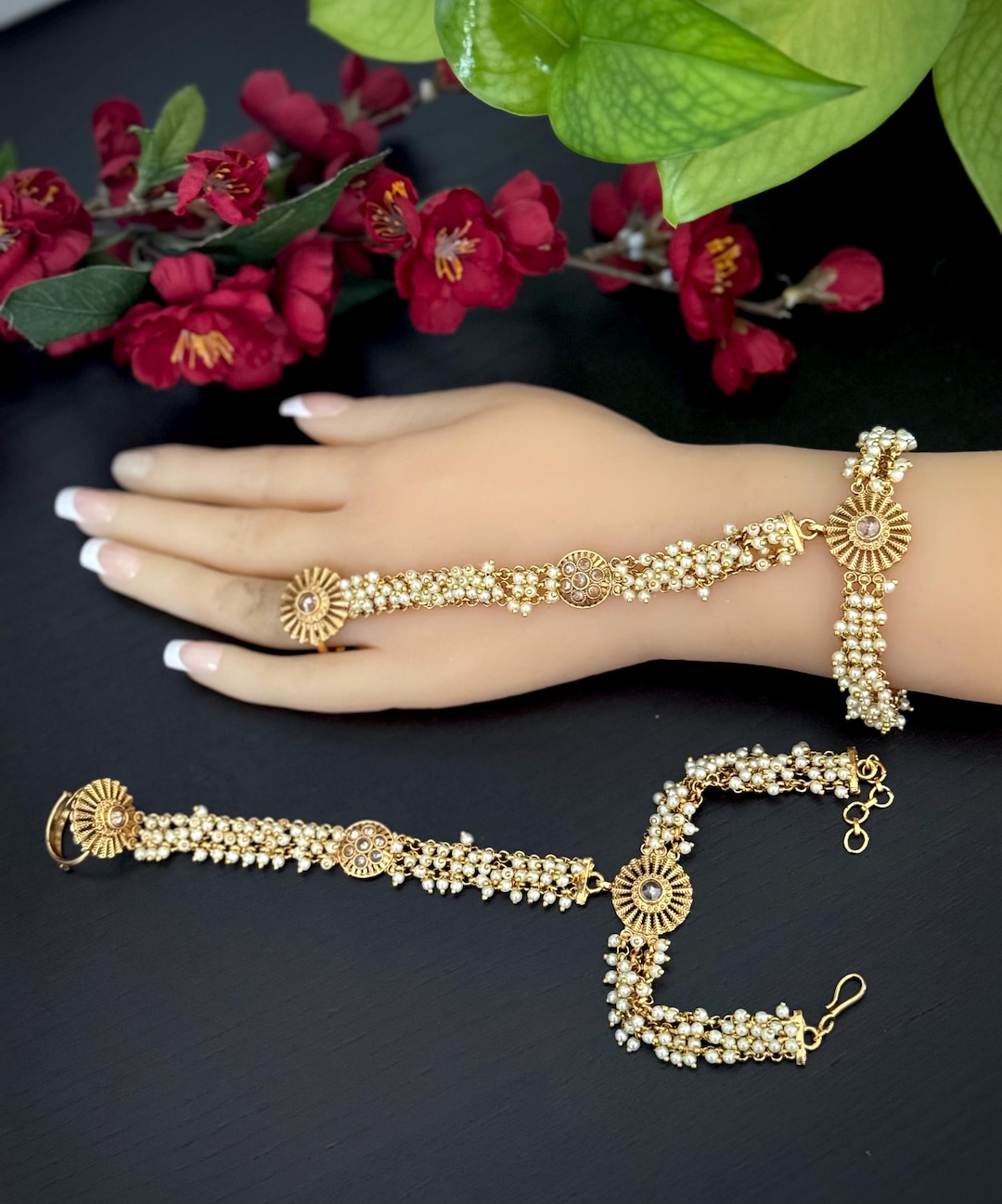 A Pair of Antique Gold Hathphool / Haathphool / Pearl Bracelet Ring ...