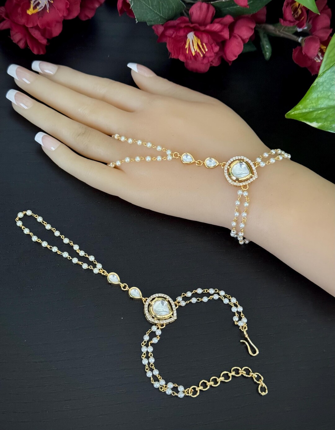 A Pair of Gold Finished Pearl Bracelet/ Haathphool /hath Panja Ring ...