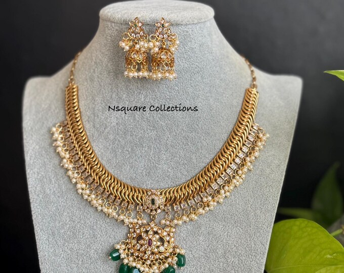 Jilebi Necklace Set / Antique Diamond Necklace / Moissanite Necklace ...